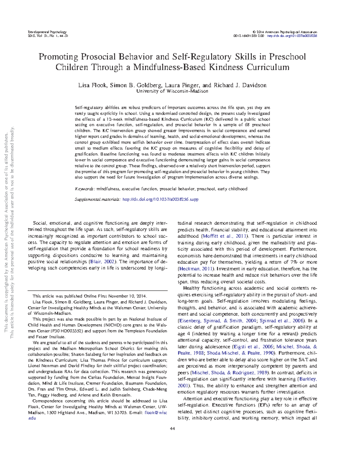 Promoting Prosocial Behavior and Self-Regulatory Skills in Preschool ...