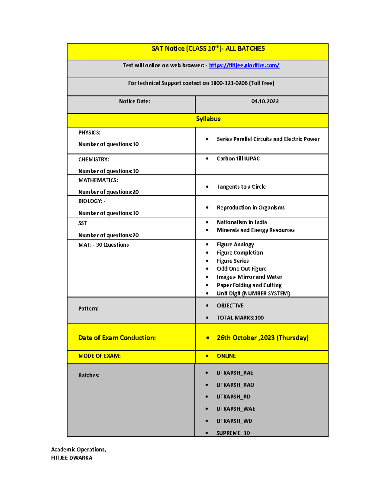 Test Notice Class 10th Dated 26th October ,2023 (Thursday) - SAT Notice ...