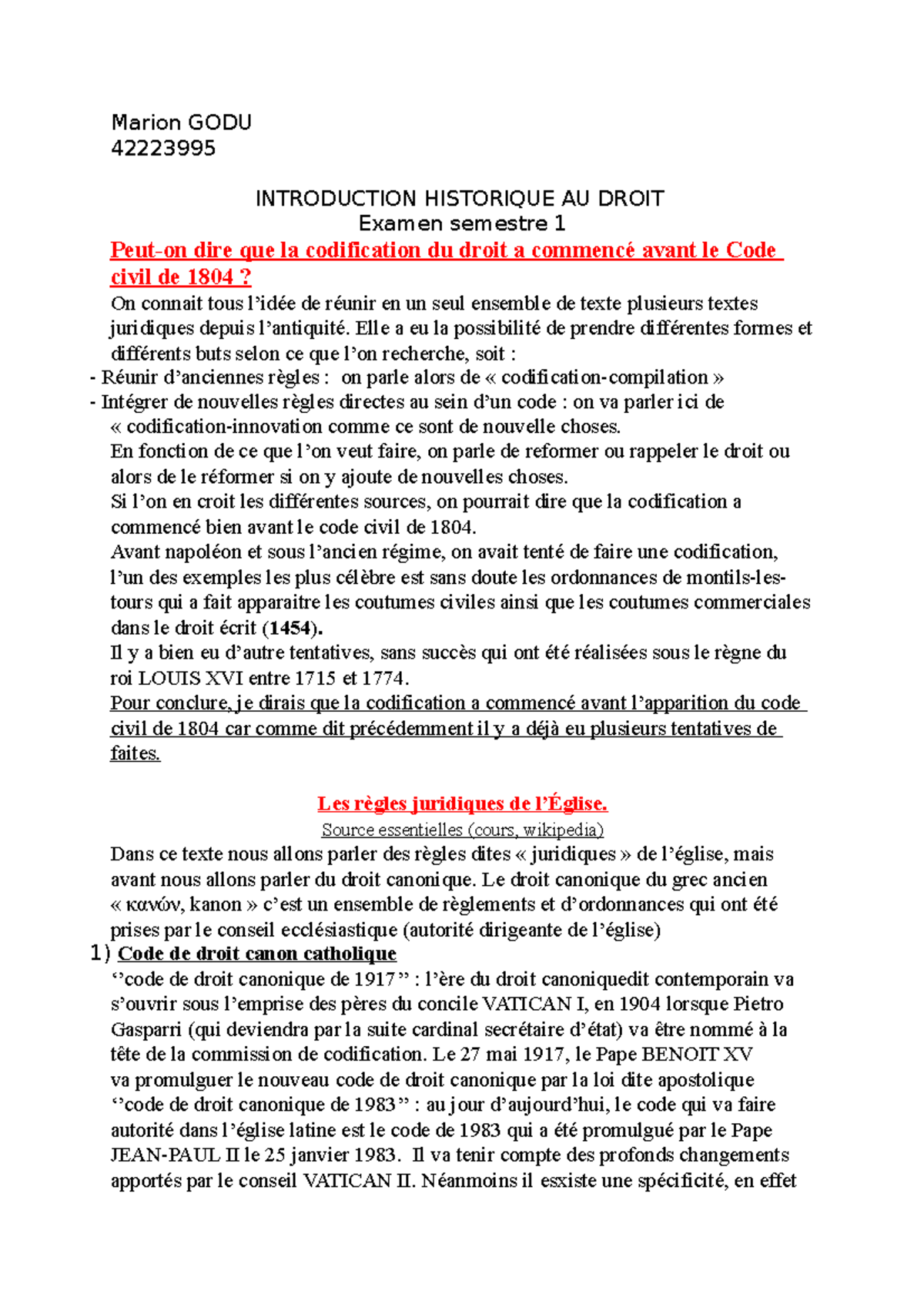 Intro historique droit - Marion GODU 42223995 INTRODUCTION HISTORIQUE AU DROIT Examen semestre 1 ...