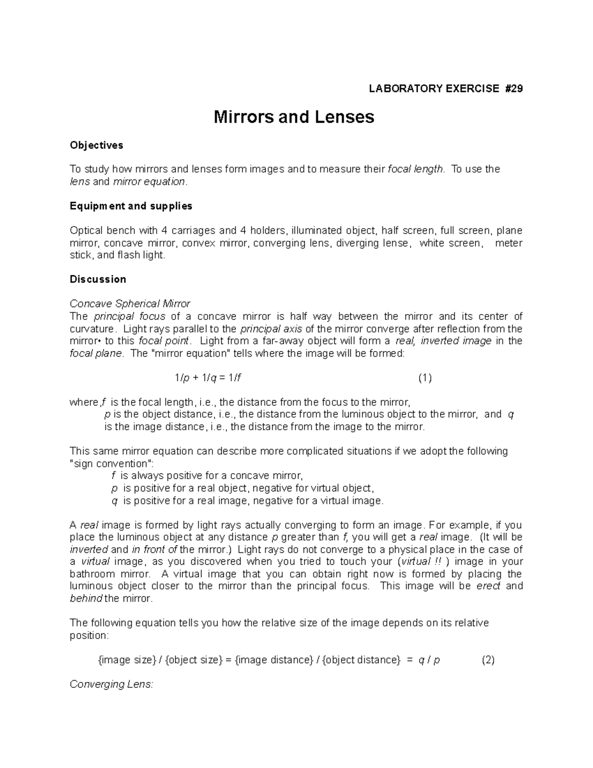 LAB 9 Mirrors and lenses with data sheet - LABORATORY EXERCISE Mirrors ...