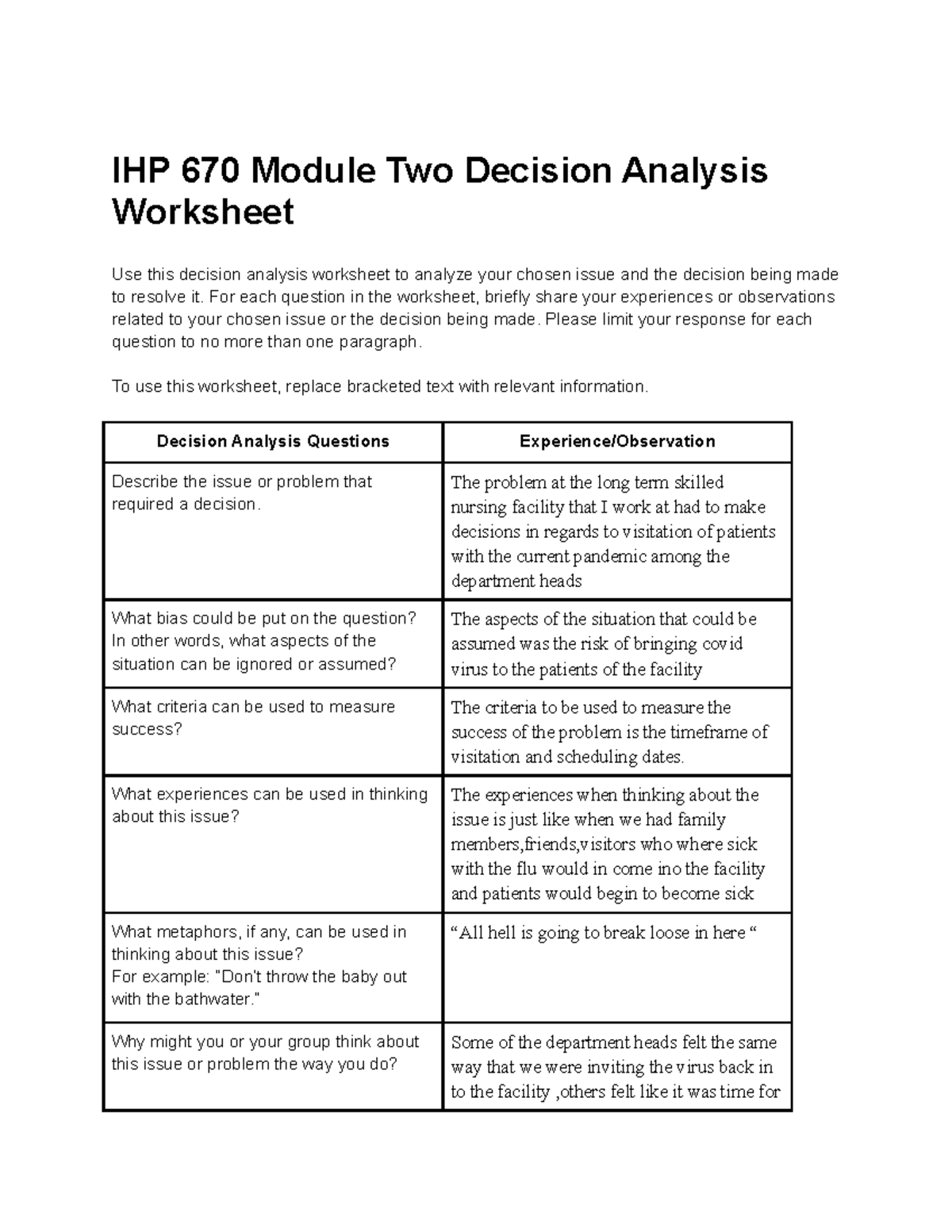 IHP 670 Module TWO Decision updated 1 16 2022 - IHP 670 Module Two ...