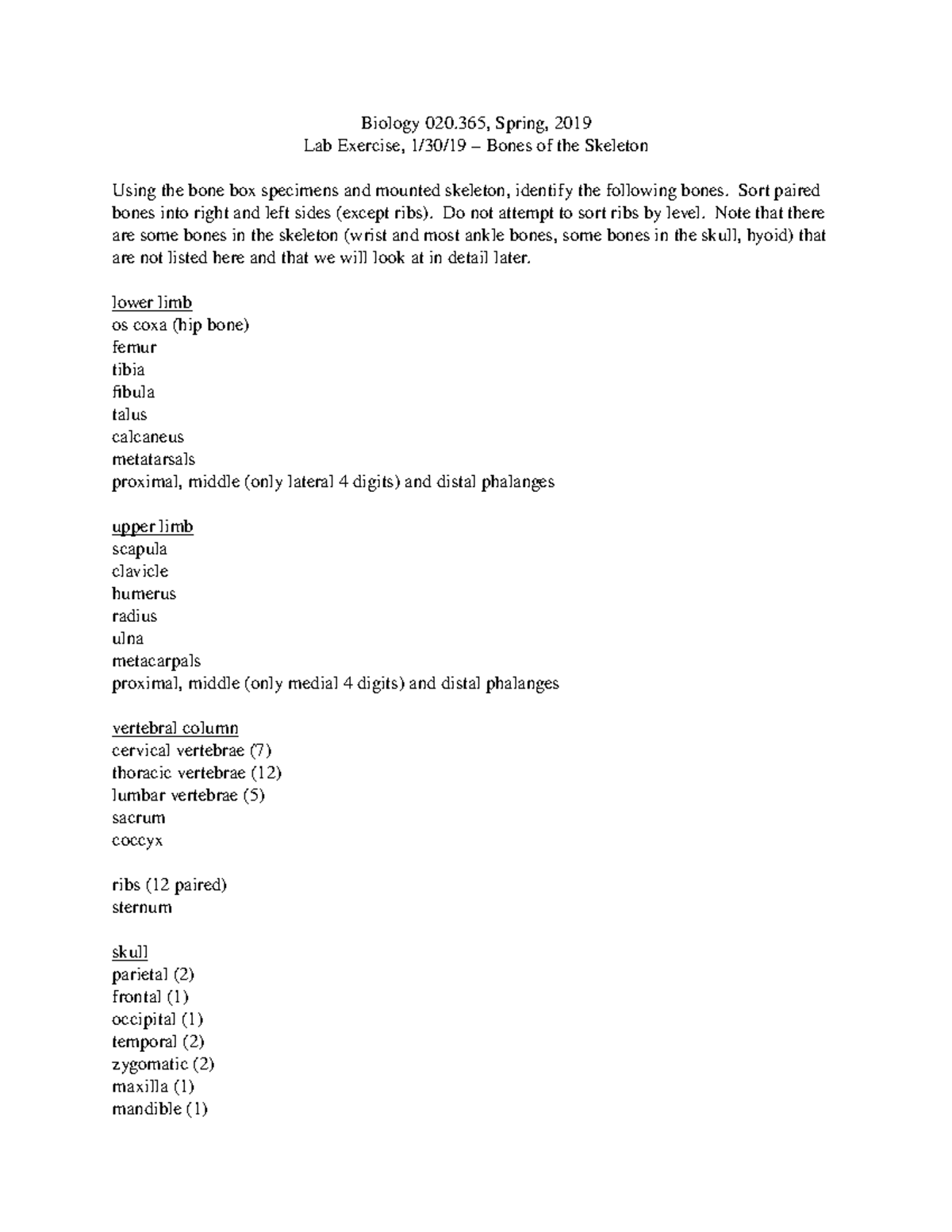 Lab Ex. 1a - Bone ID's - lab1 activity - Biology 020, Spring, 2019 Lab ...