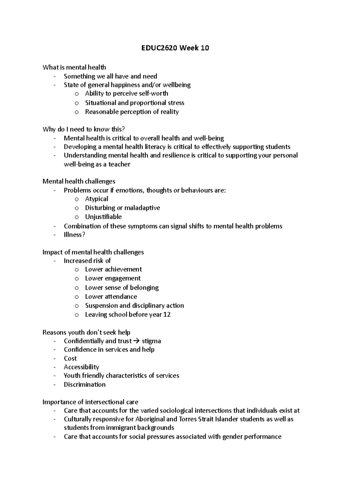 EDUC2620 Week 10 - EDUC2620 Week 10 What is mental health - Something ...