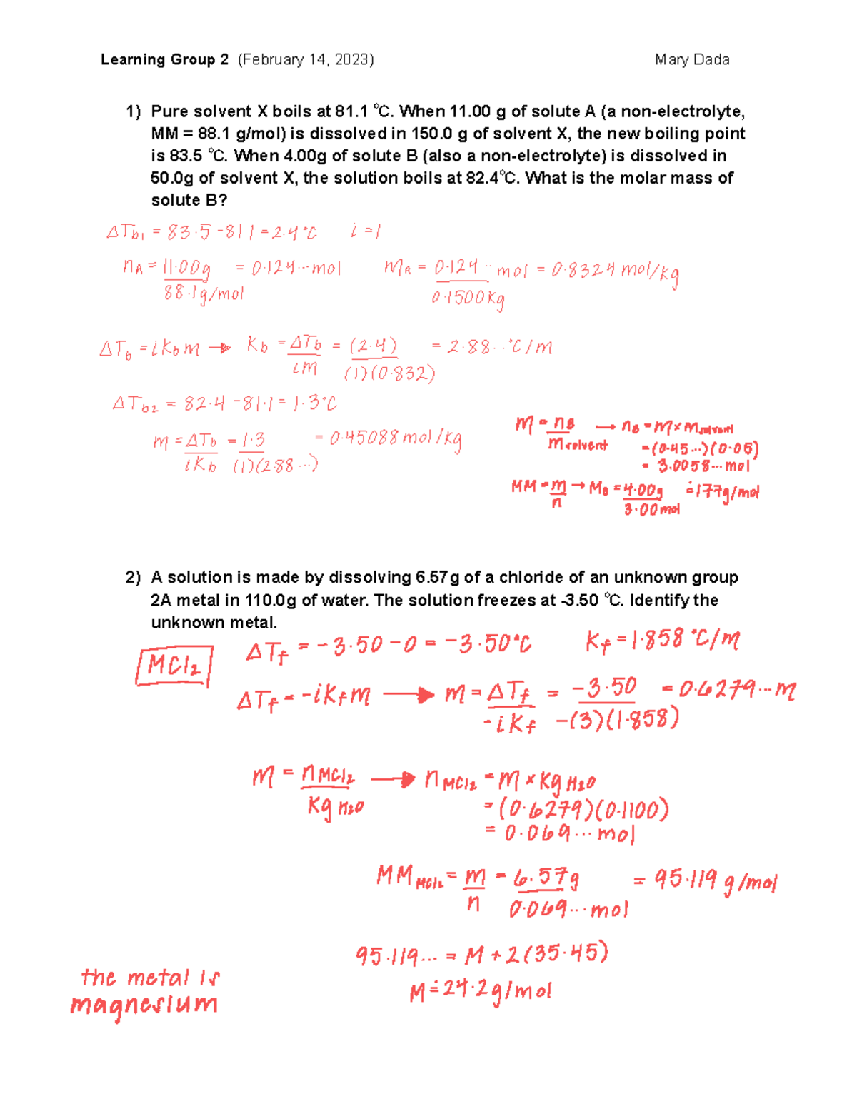 Gen chem 2 (2) 2 - practice - Learning Group 2 (February 14, 2023) Mary ...