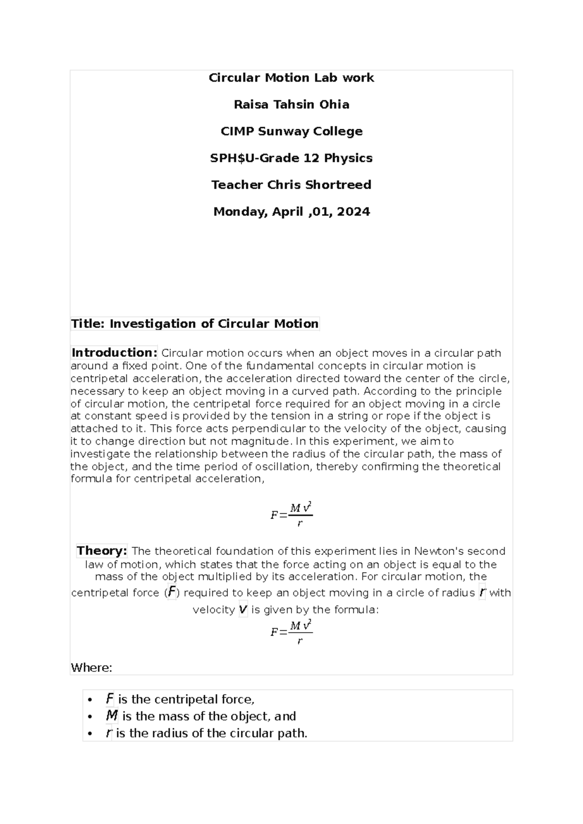 Circular motion lab task - Circular Motion Lab work Raisa Tahsin Ohia ...