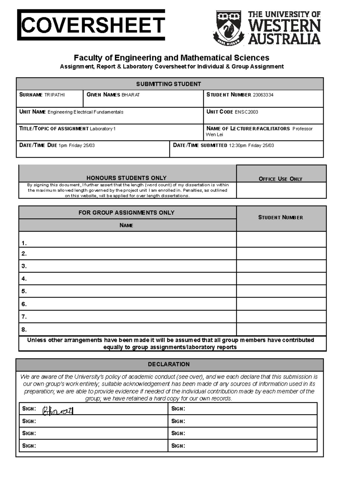 ENSC2003 LAB-1 23063334 - COVERSHEET Faculty of Engineering and ...
