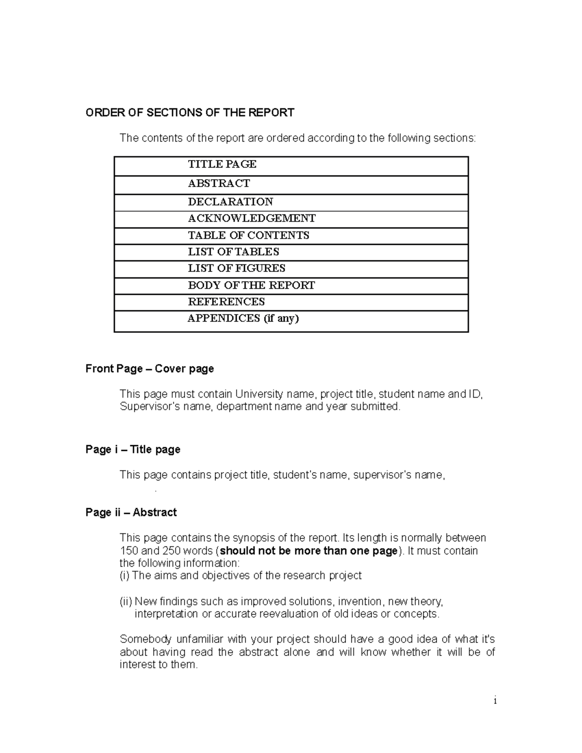 Project Template new - ORDER OF SECTIONS OF THE REPORT The contents of ...