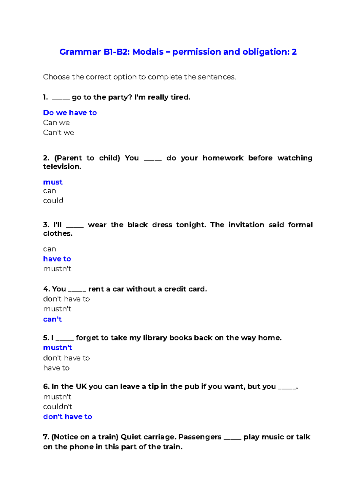 Ejercicios de inglés - Grammar B1-B2: Modals – permission and ...