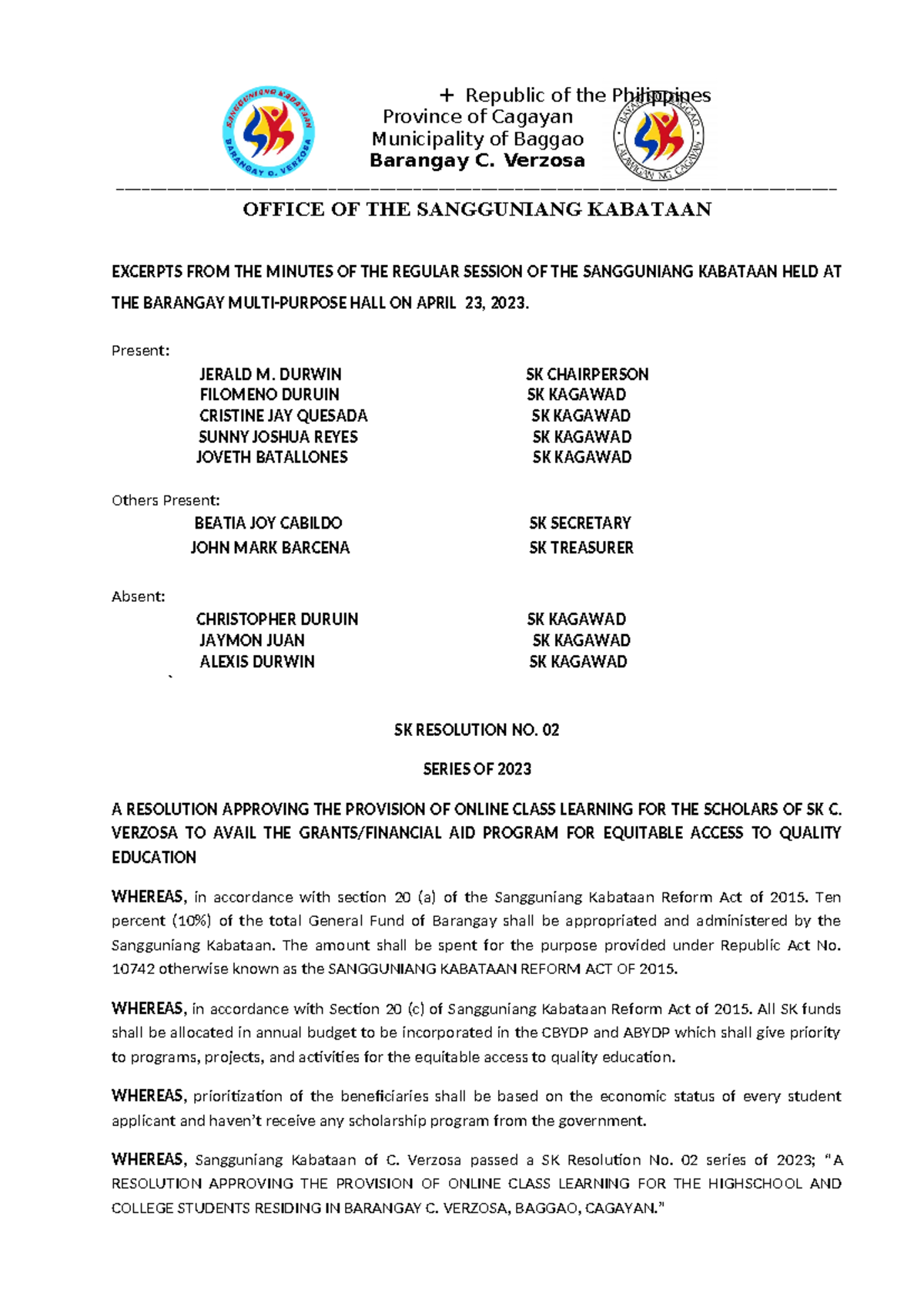 ResoLution Scholarship - + Republic of the Philippines Province of ...