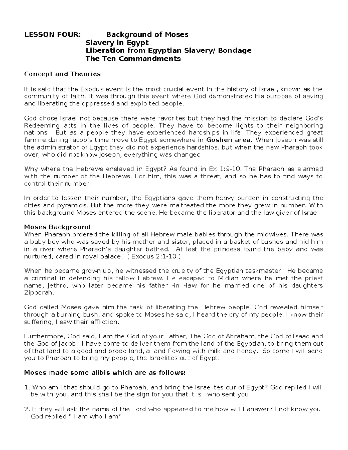 Lesson 4A The Exodus Event - LESSON FOUR: Background of Moses Slavery ...