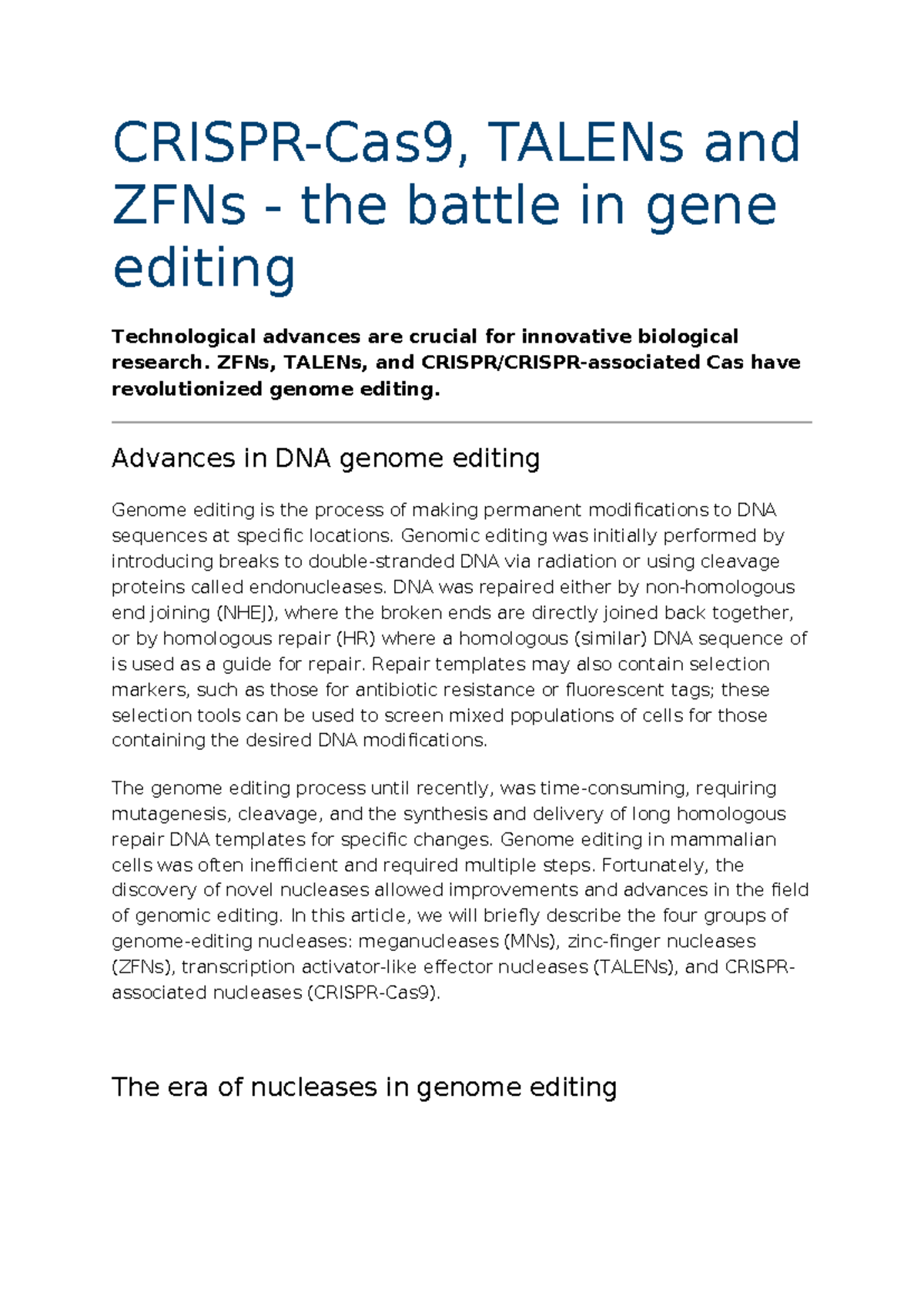 Gene editing - good - CRISPR-Cas9, TALENs and ZFNs - the battle in gene ...