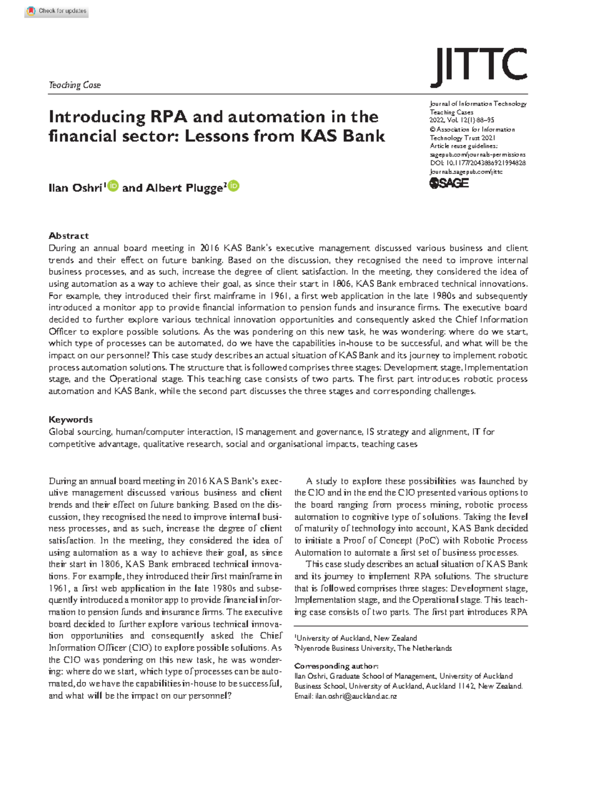 Case study RPA-1 - doi/10.1177/ Journal of Information Technology ...