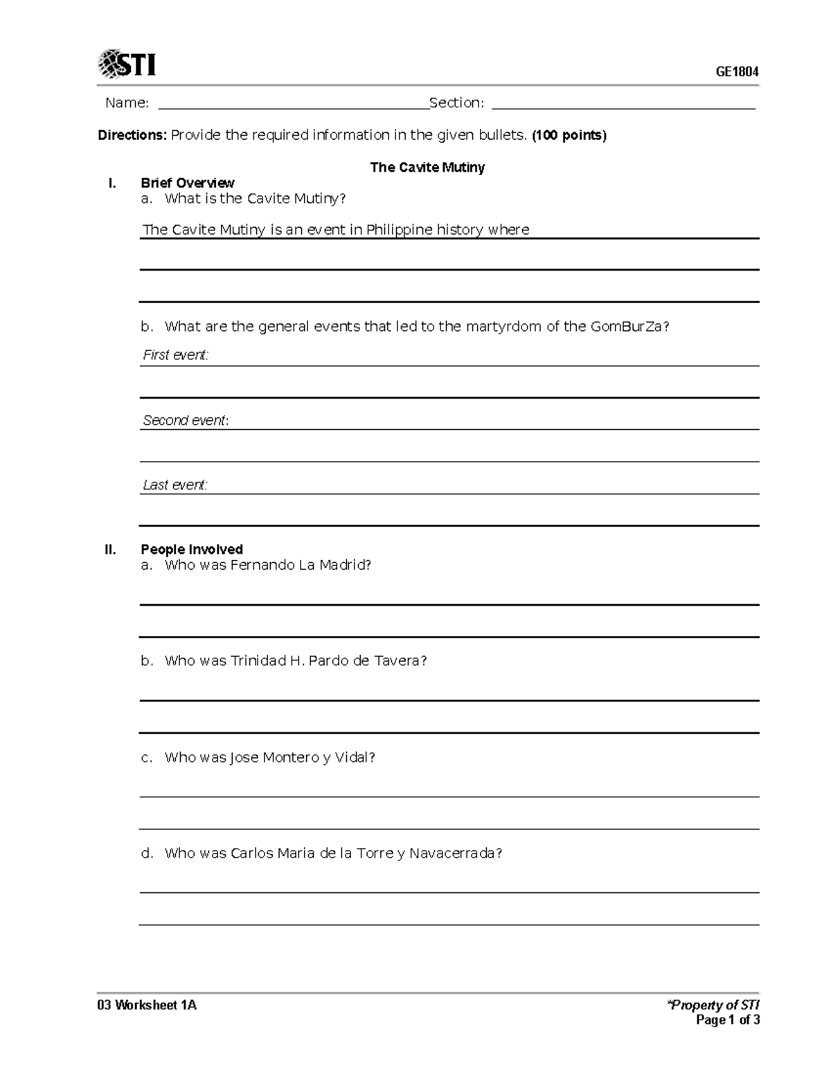 Worksheet 1 - Midterm - Rizal(3) - GE 03 Worksheet 1A *Property of STI ...