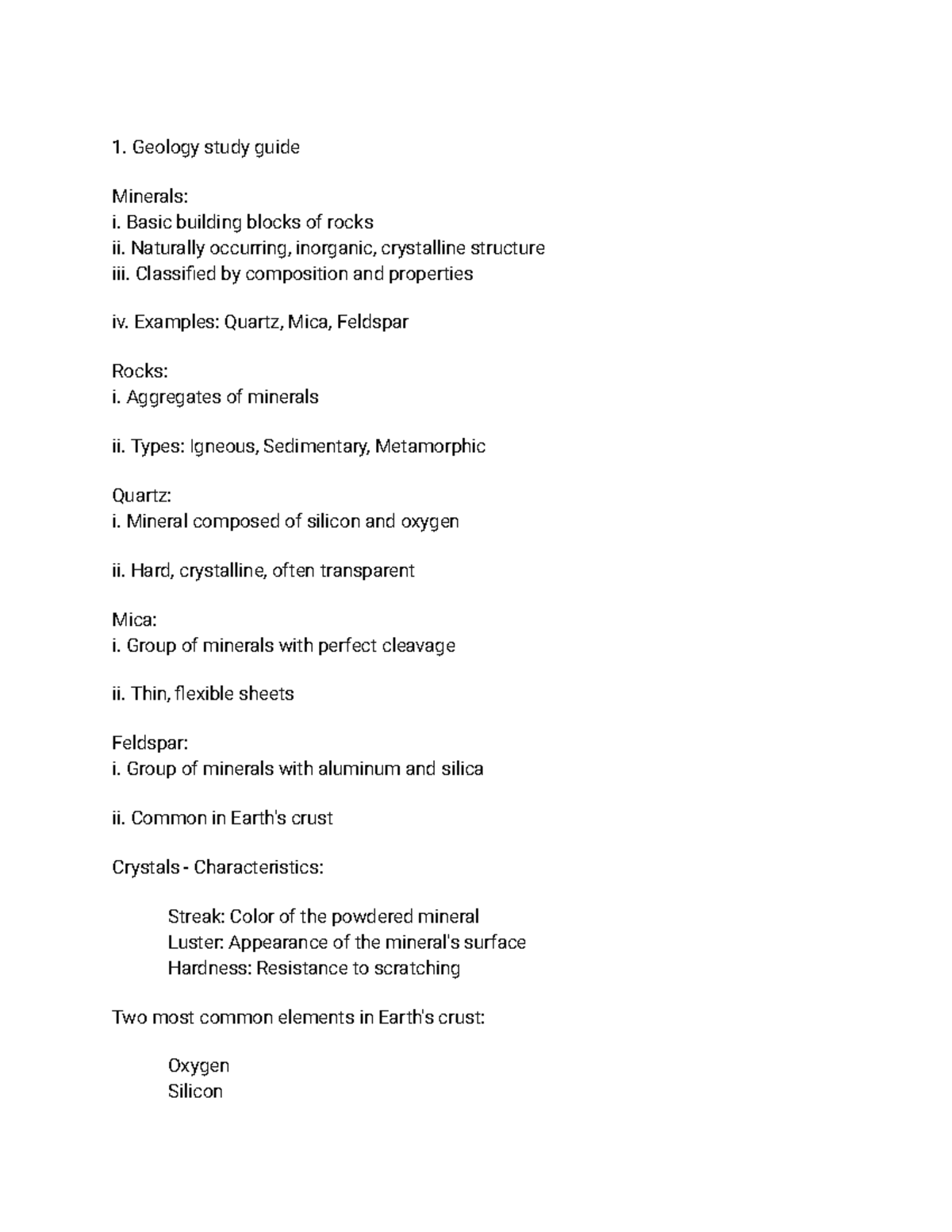 Study guide - Google Docs - Geology study guide Minerals: i. Basic ...