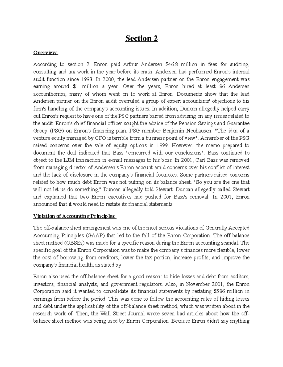 Enron-sec-24 - Audit case study - Section 2 Overview: According to ...