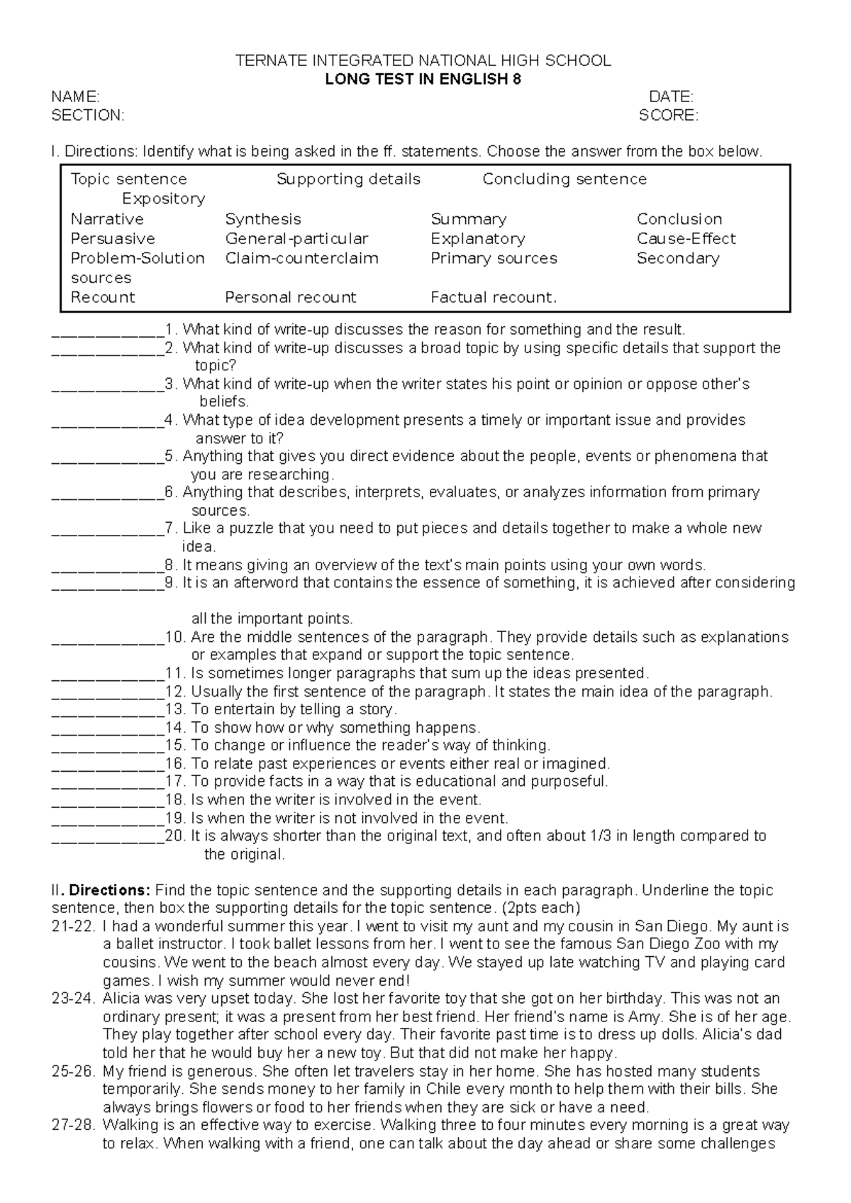 Long test english 8 2024 - TERNATE INTEGRATED NATIONAL HIGH SCHOOL LONG ...