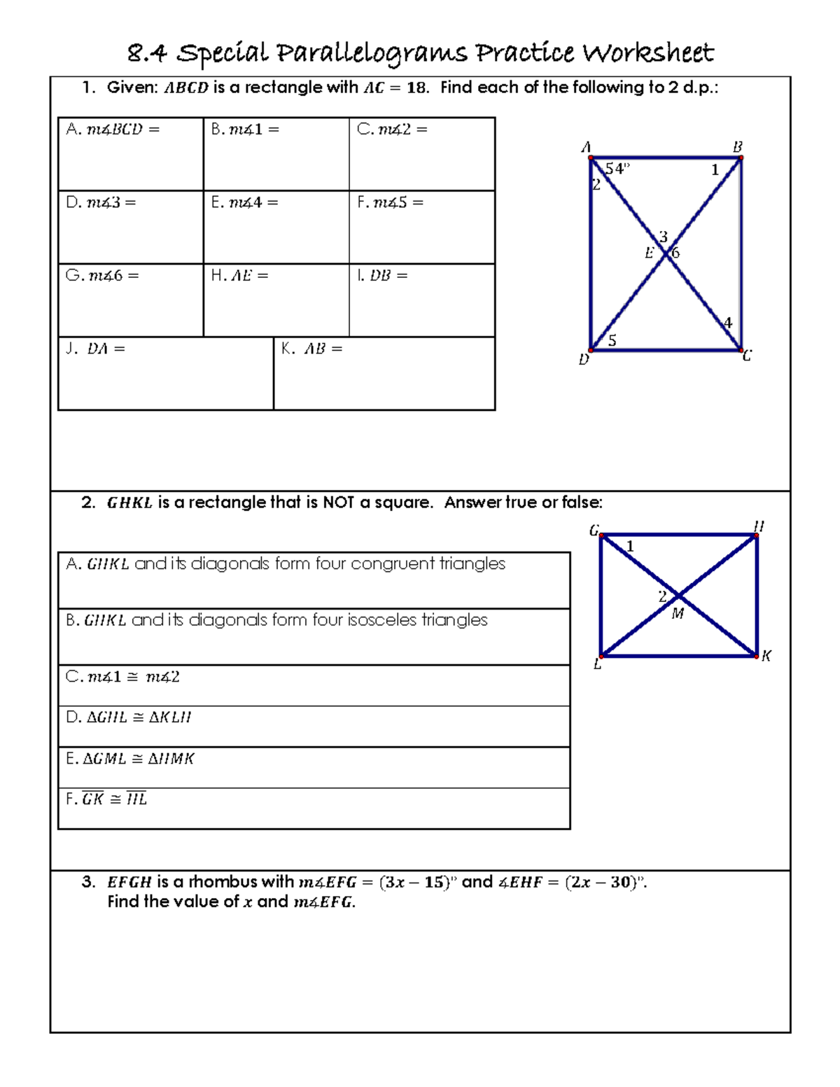 8 - this shit - 8 Special Parallelograms Practice Worksheet Given: 𝑨𝑩𝑪𝑫 ...