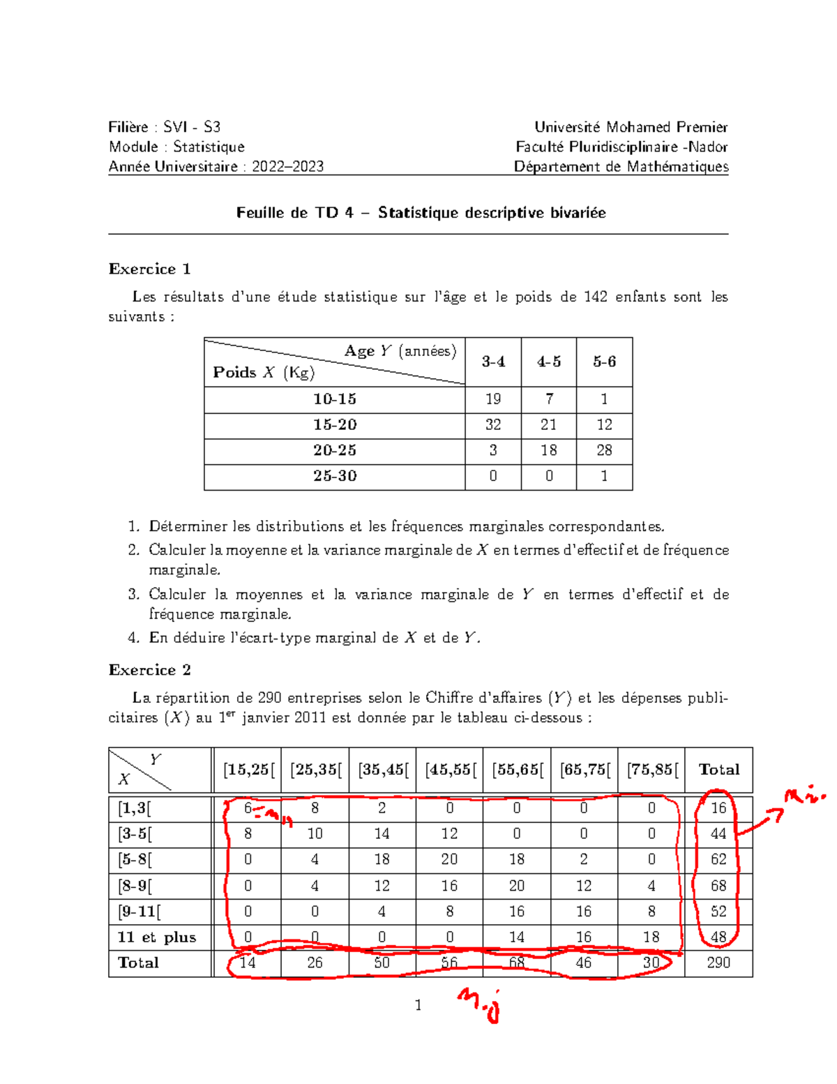 TD-4 Statistique descriptive univariée - Fili`ere : SVI - S3 Universit ...