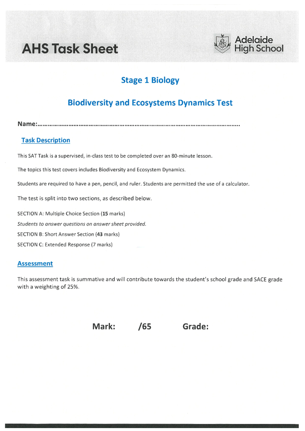 Biology Biodiversity and Ecosystems Practice Test - Adelaide AHS Task ...