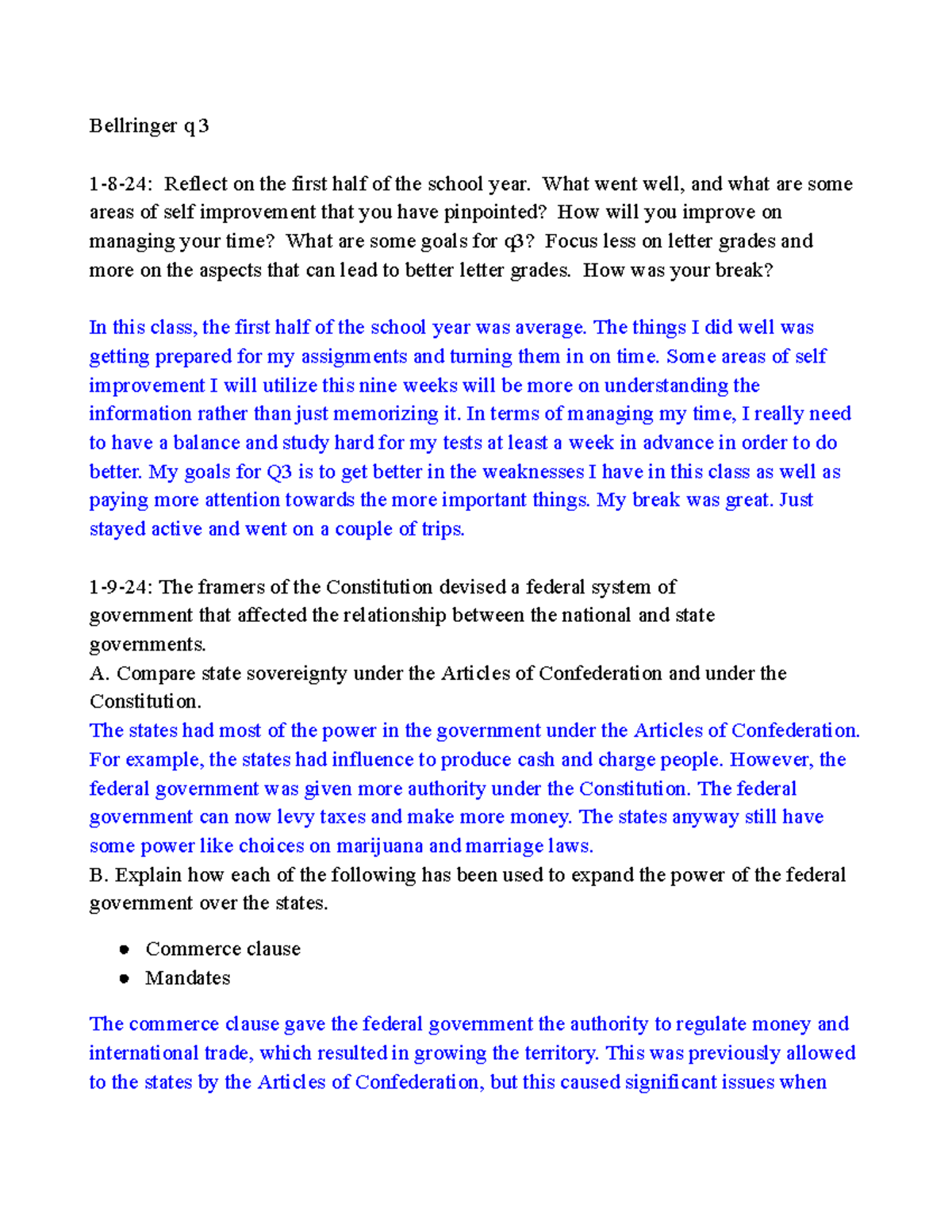 Cameron Chaudhry - q 3 Bellringer - Bellringer q 3 1-8-24: Reflect on ...