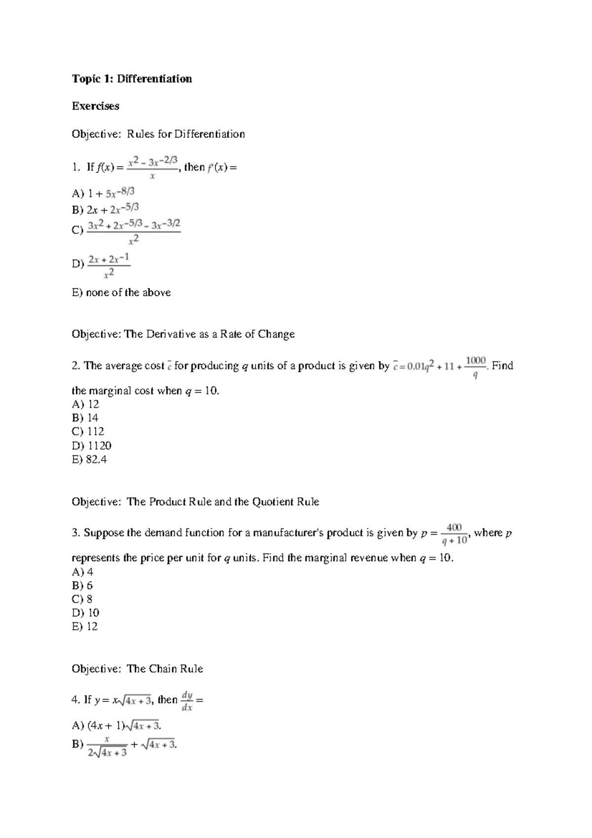 Differentiation Exercises - Topic 1: Differentiation Exercises ...