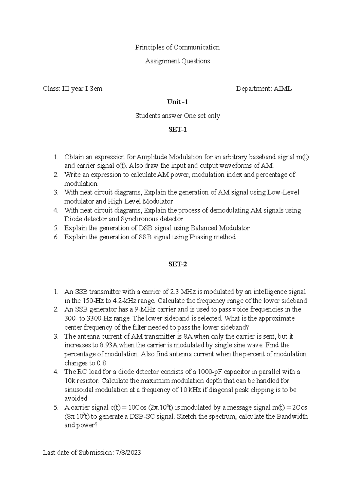 Poc questions unit-1 - Principles of Communication Assignment Questions ...