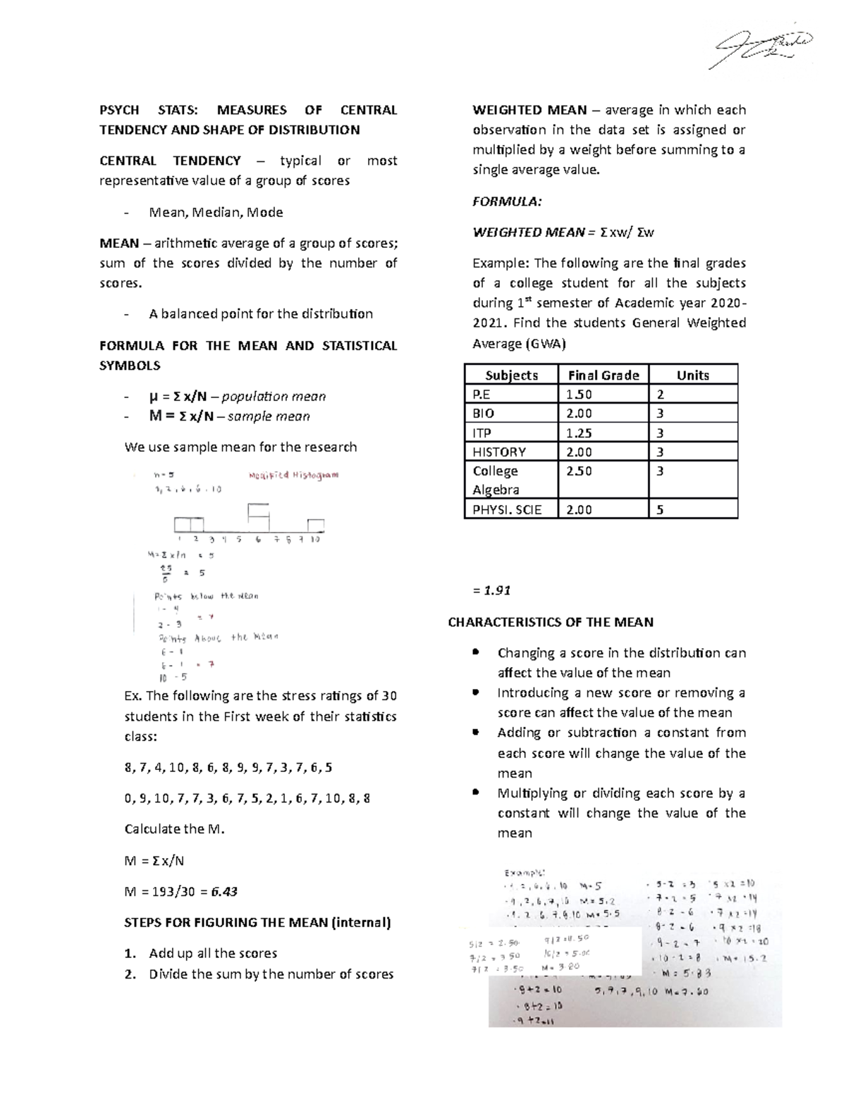 Central Tendency Lesson - PSYCH STATS: MEASURES OF CENTRAL TENDENCY AND ...