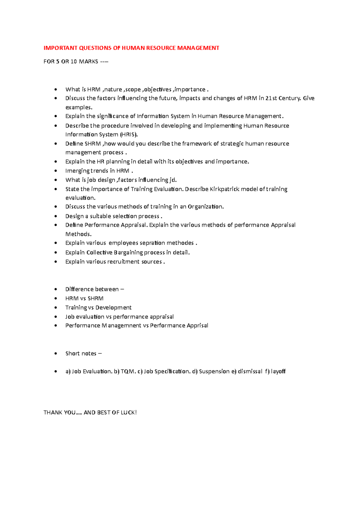 IMP OF HRM SEM 2 - Summary MBA First Year - IMPORTANT QUESTIONS OF ...