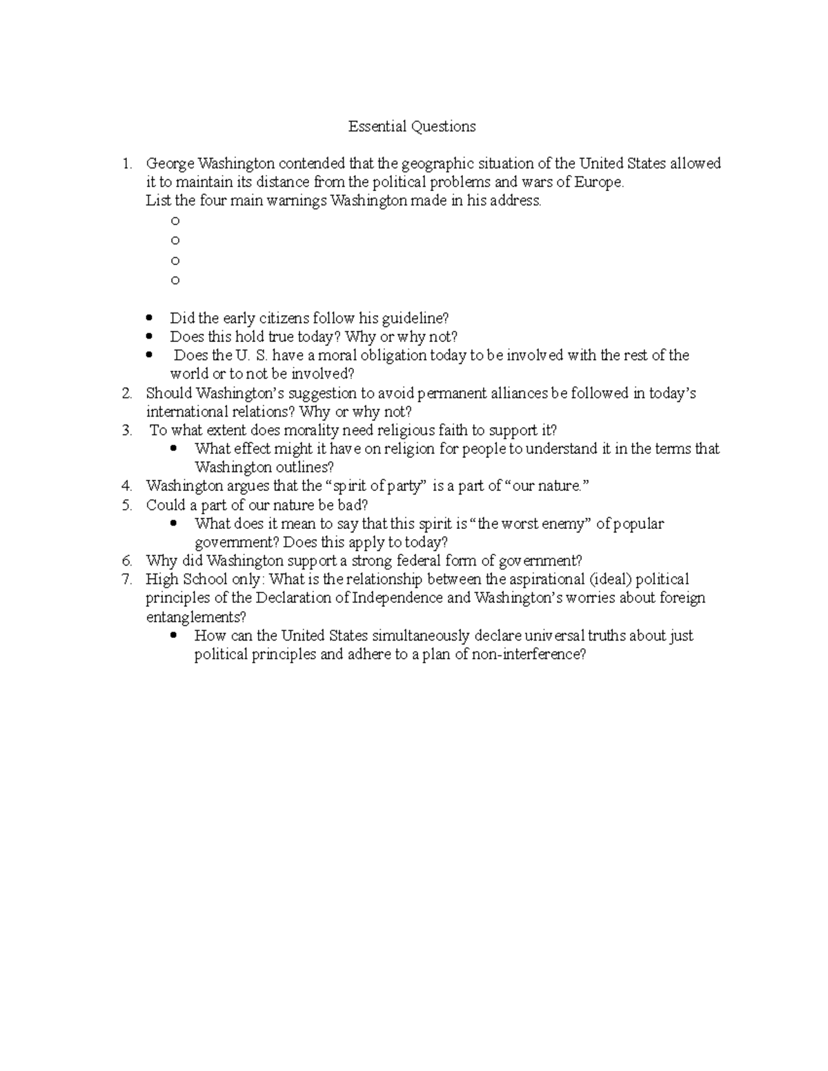 Essential questions washington adress - Essential Questions George ...