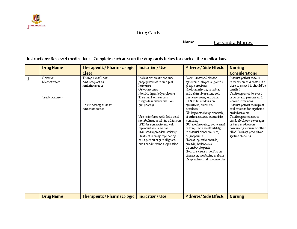 Week 1 drug cards maternity and newborn - Drug Cards Name Cassandra ...