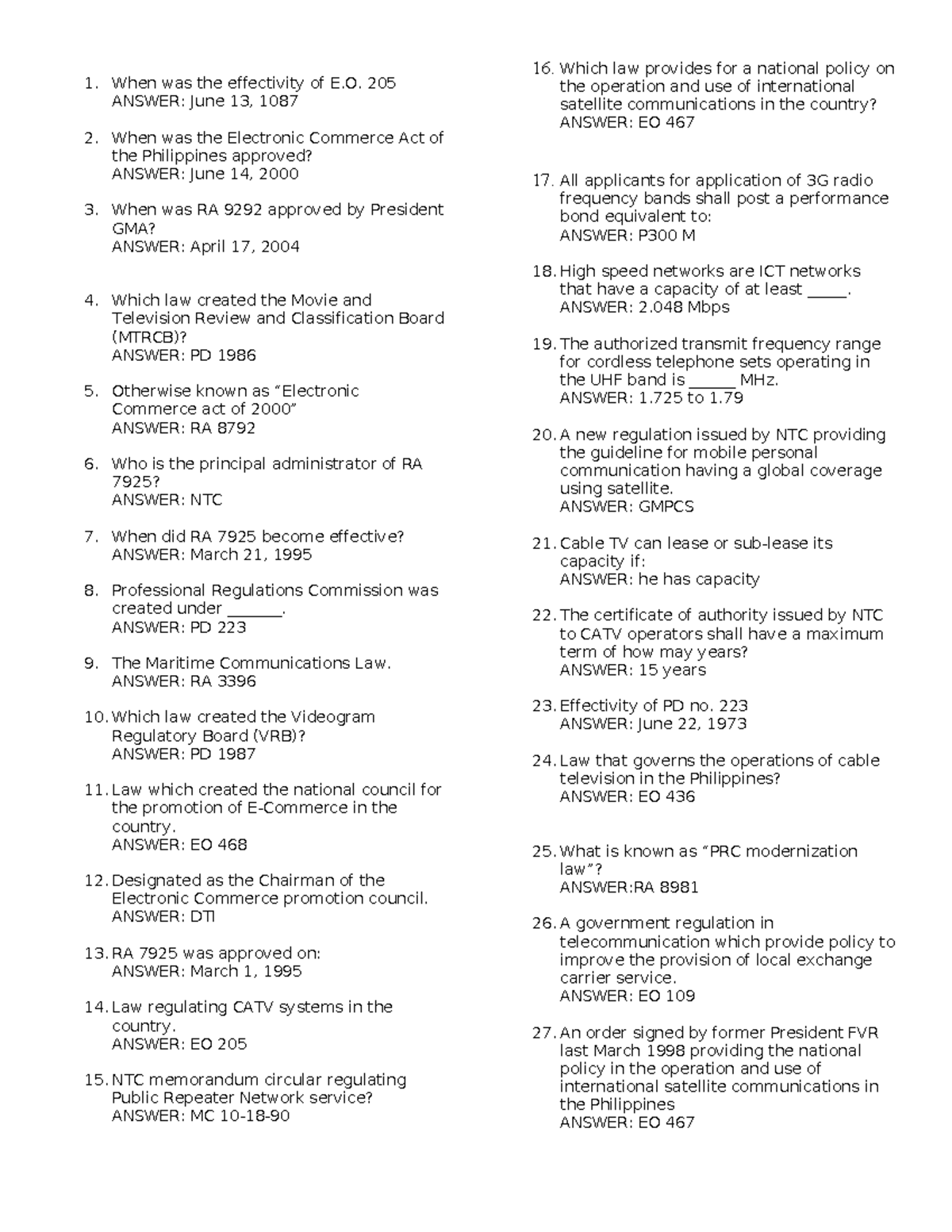 ECE Laws Exam (with Answers) - When was the effectivity of E. 205 ...