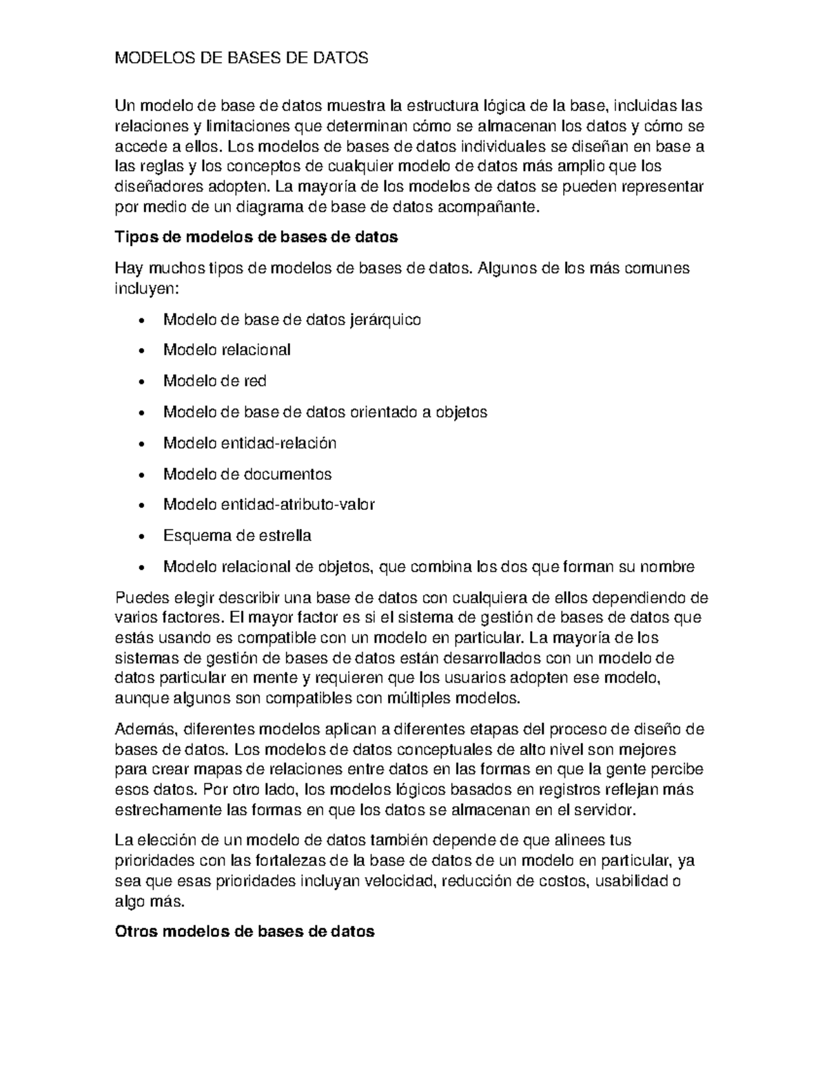 Modelos DE BASE DE Datos - MODELOS DE BASES DE DATOS Un modelo de base de datos muestra la - Studocu