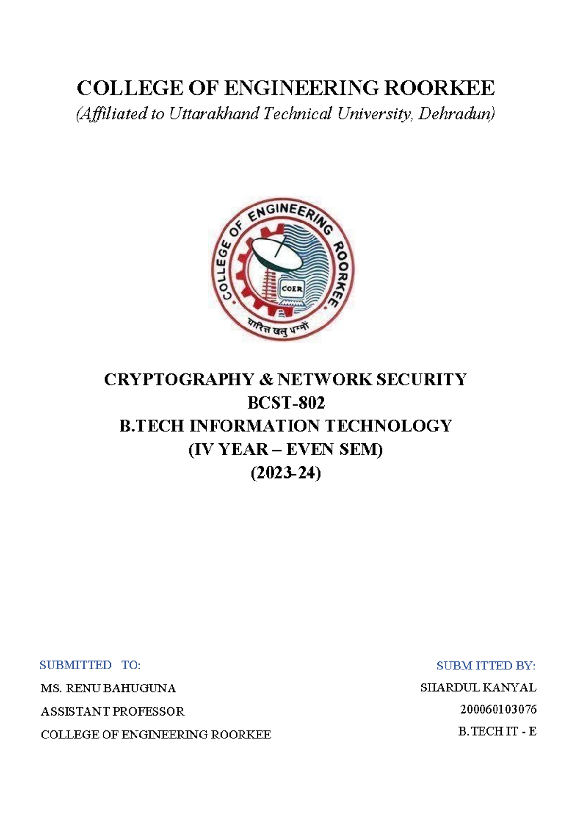 Laboratory Manual Crypto - Computer Science - COLLEGE OF ENGINEERING ROORKEE (Affiliated to ...