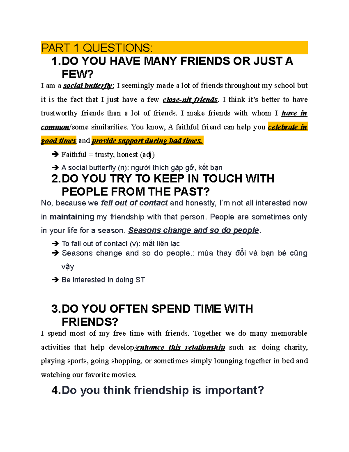 Speaking 13-Friendship - PART 1 QUESTIONS: 1 YOU HAVE MANY FRIENDS OR ...