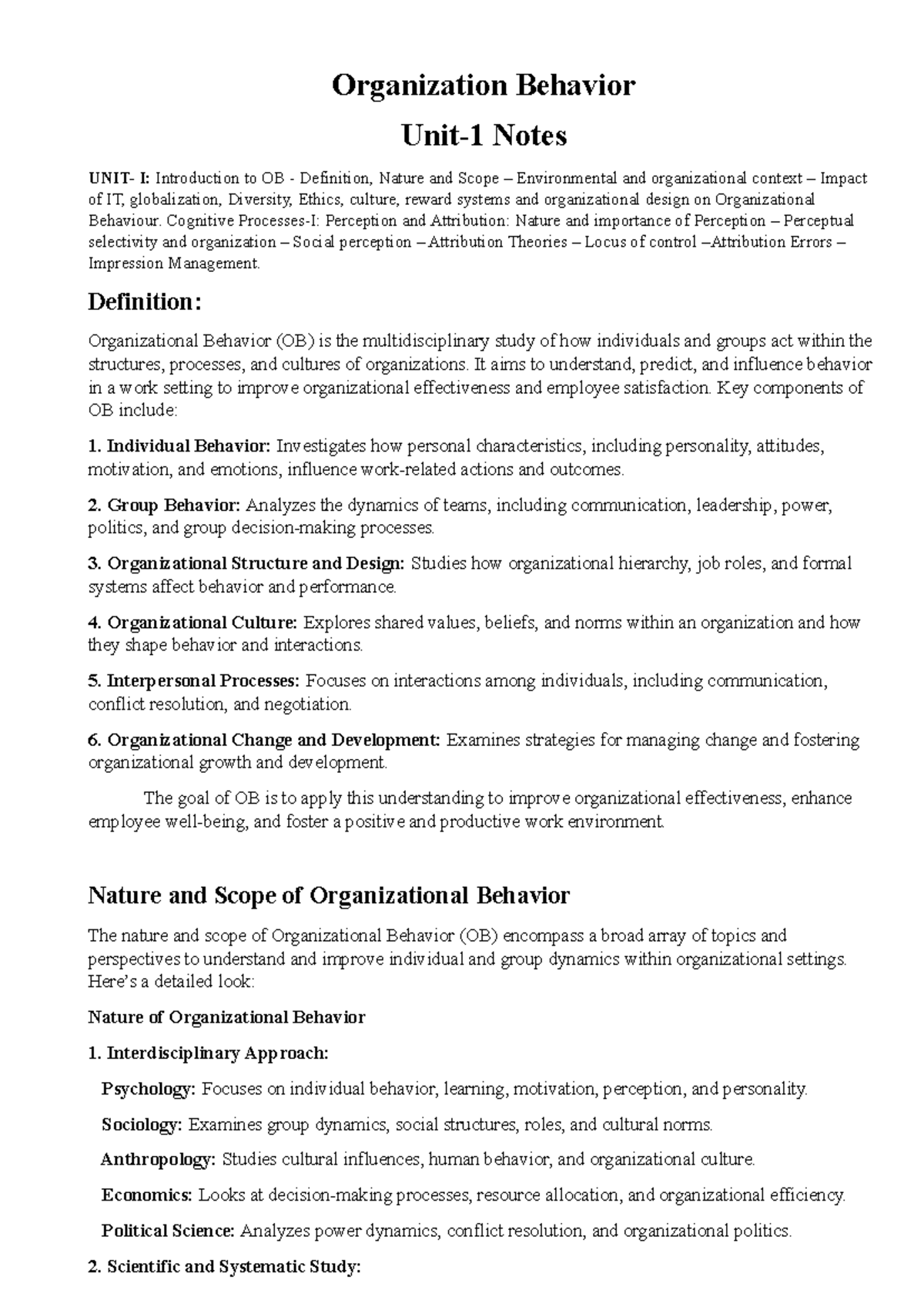 OB unit-1 - Organization Behavior Unit-1 Notes ####### UNIT- I ...