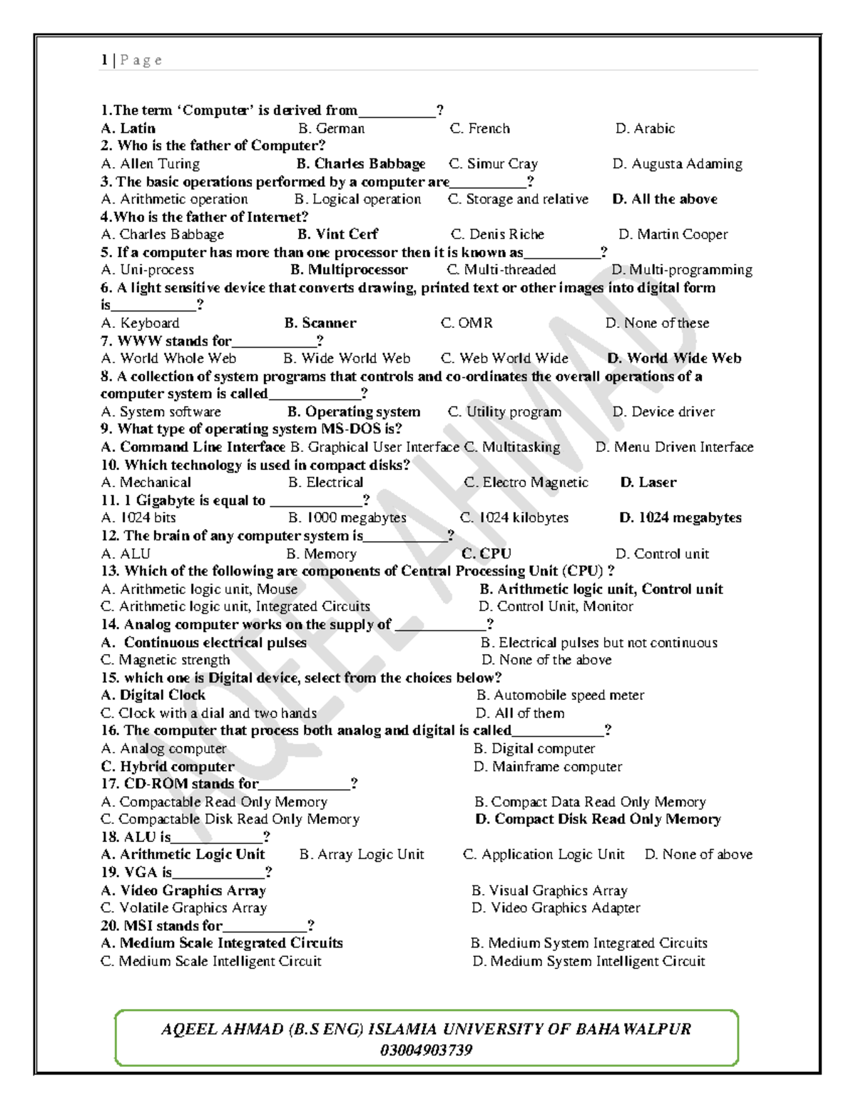 Pak MCQs Computer - AQEEL AHMAD (B ENG) ISLAMIA UNIVERSITY OF ...