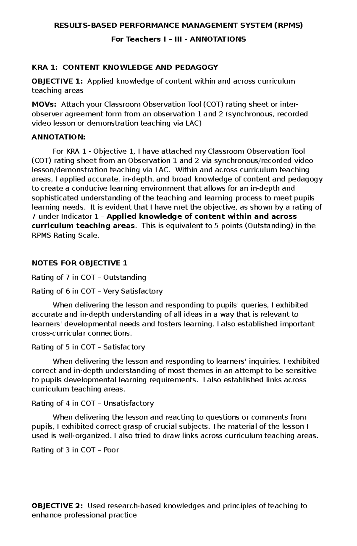 2021 Sample Annotation For Teacher I Iii Results Based Performance Management System Rpms