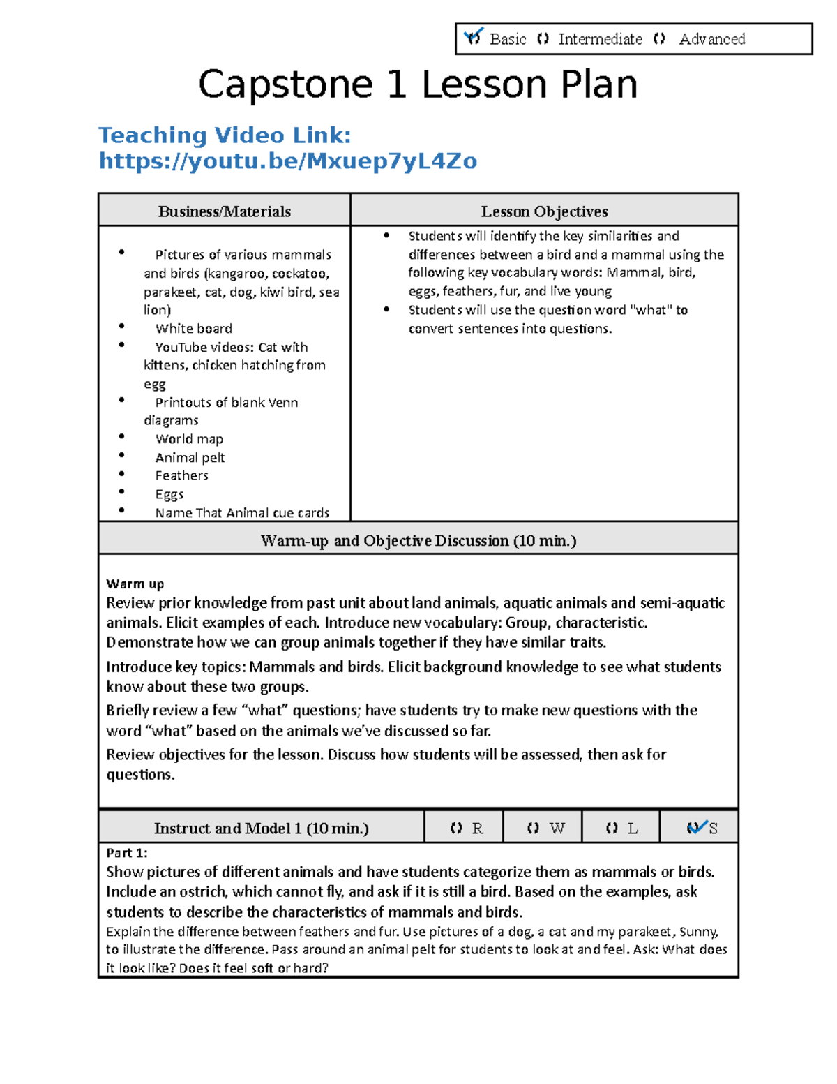 Teaching Lesson Plan: Mammals and Birds Similarities and Differences ...