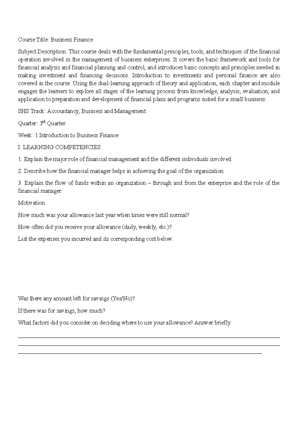 Buisness Finance Week 1 - Course Title: Business Finance Subject ...