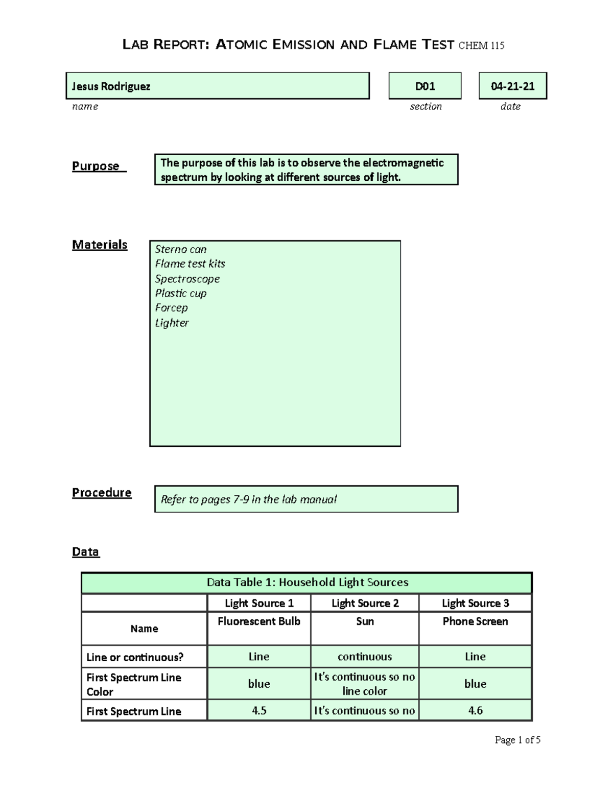 Lab Report Atomic Emission and Flame - LAB REPORT: ATOMIC EMISSION AND ...