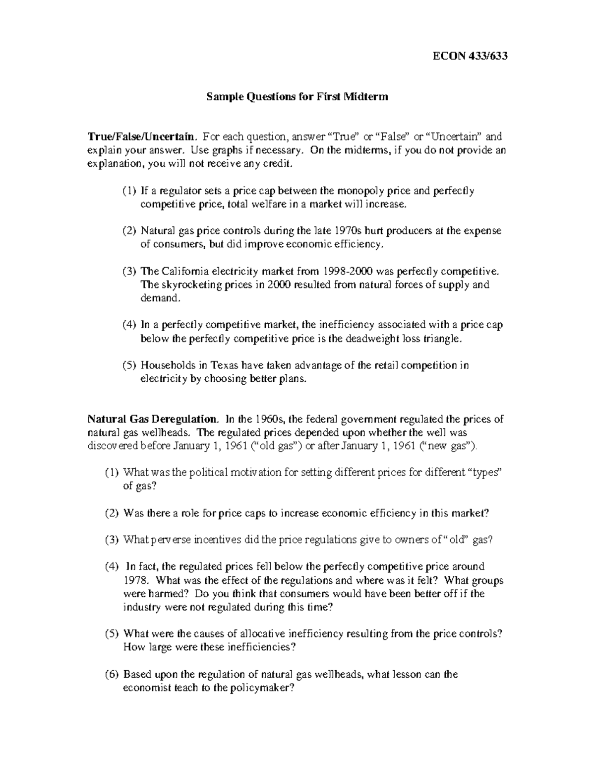 Sample questions for the first midterm - ECON Sample Questions for ...