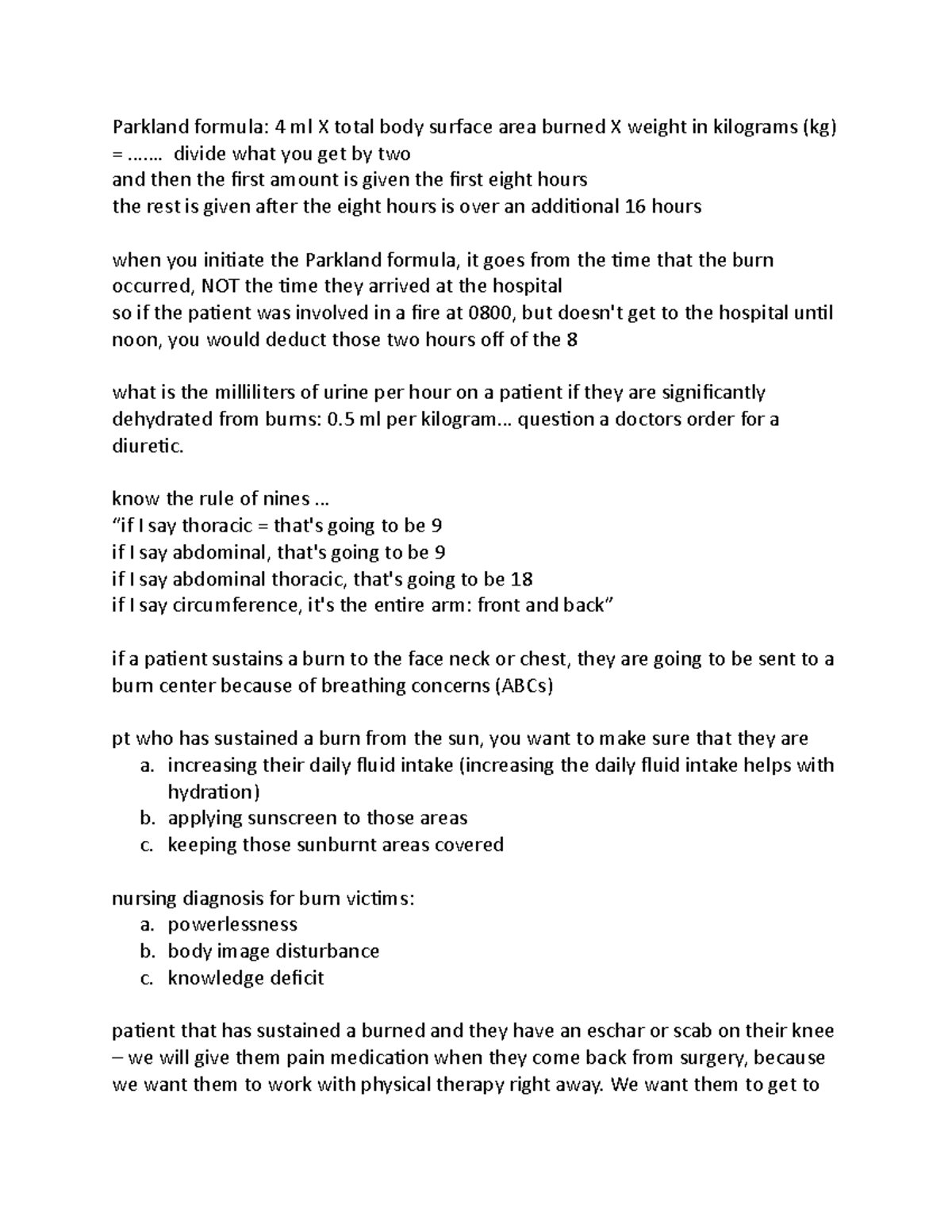 AH Exam 4 Notes 2 Parkland Formula 4 Ml X Total Body Surface Area