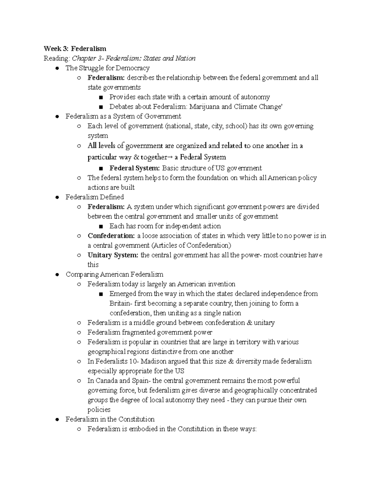 Week 3 Federalism - Reading Notes from Week 3- Ferraiolo - Week 3 ...