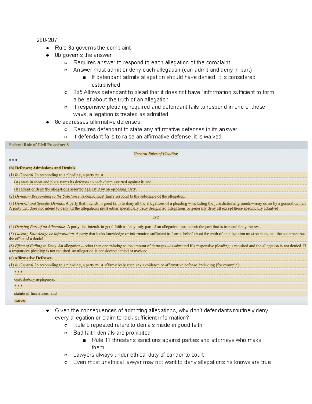 Civ pro 10 17 reading notes - 280- Rule 8a governs the complaint 8b ...