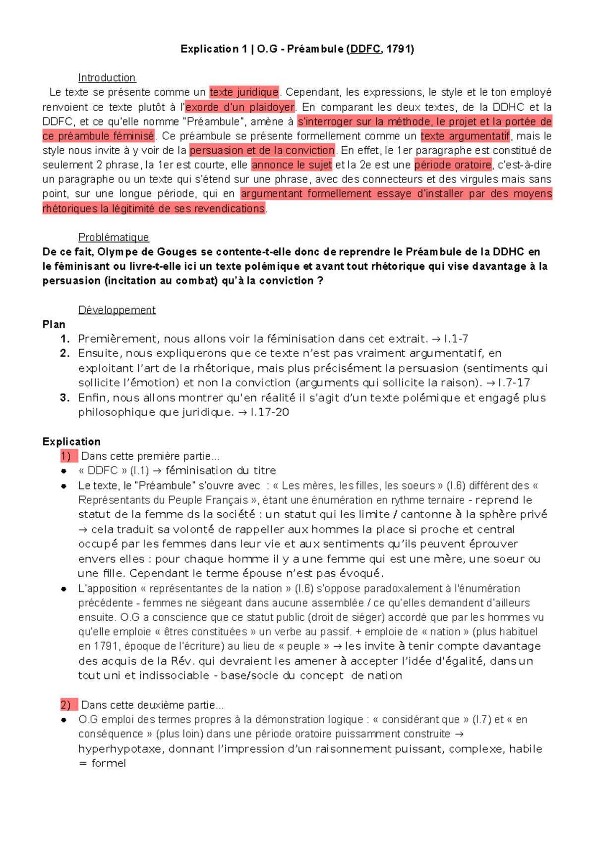 FR1 E1 OG preambule DDFC - Explication 1 | O - Préambule (DDFC, 1791) Introduction Le texte se ...