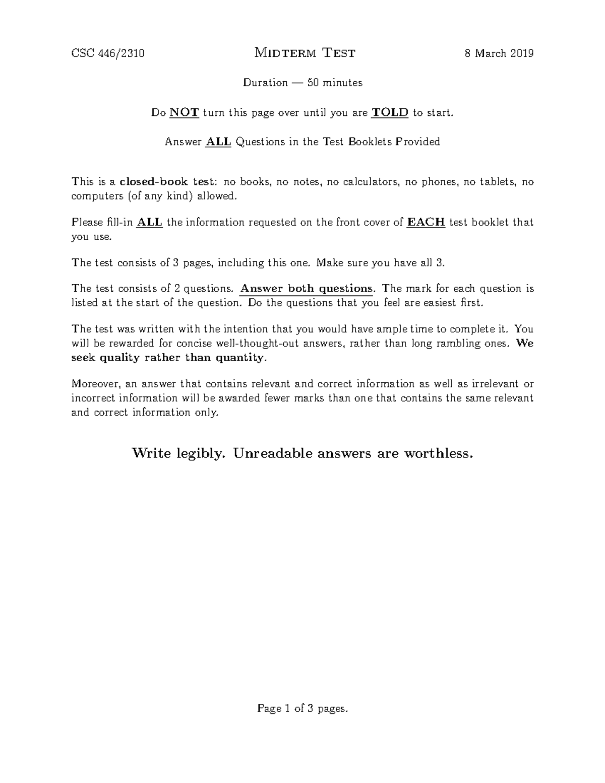 Midterm - Answer ALL Questions in the Test Booklets Provided This is a ...