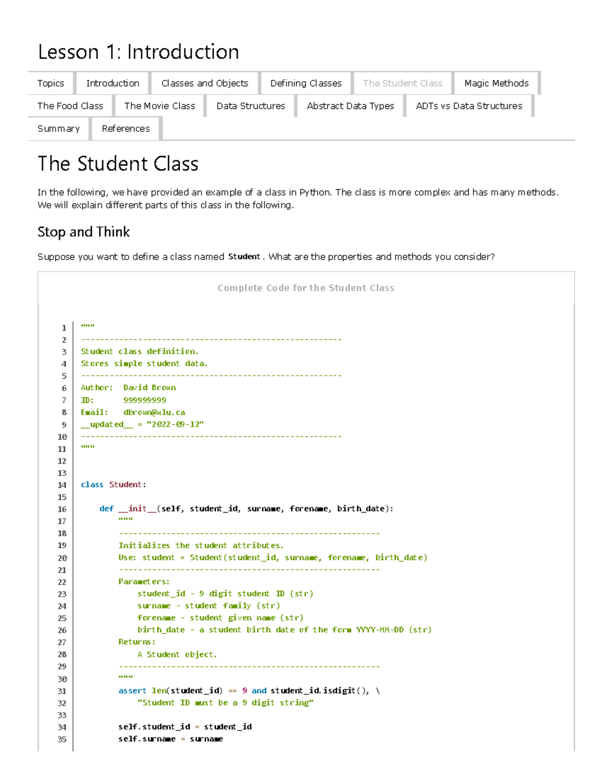 CP164 Notes Lesson 1 studentclasspdf - Topics Introduction Classes and ...