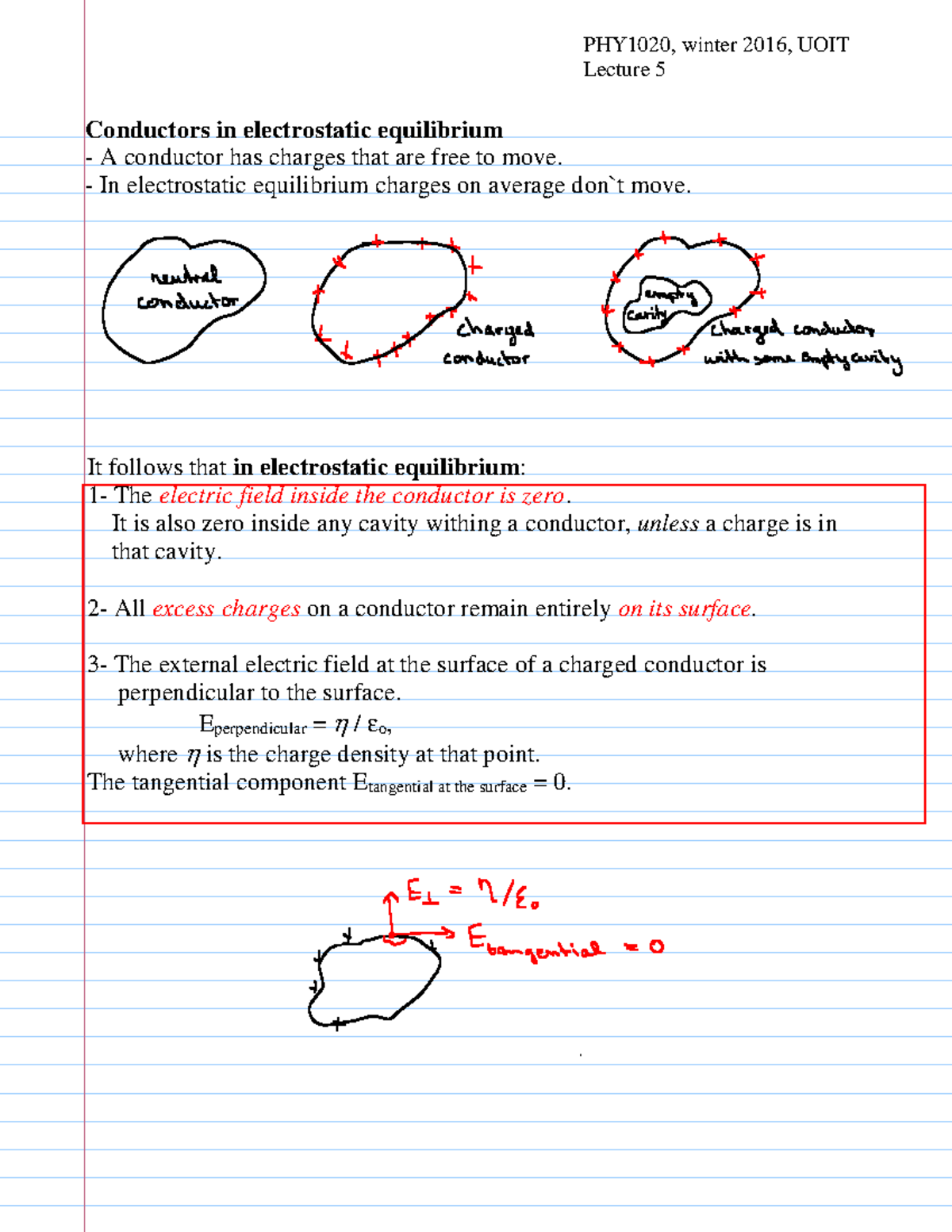 L5 - PHY1020U - Winter 2016 - It follows that in electrostatic ...