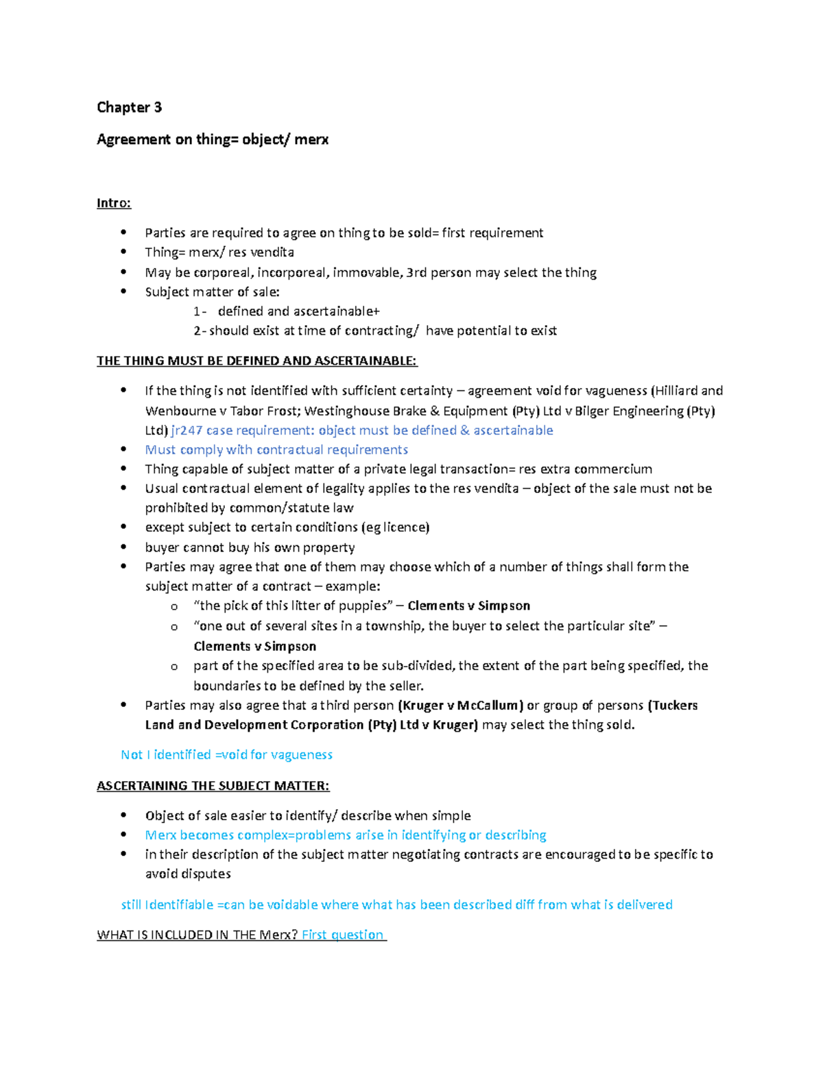 Chapter 3 - Chapter 3 Agreement on thing= object/ merx Intro: Parties ...