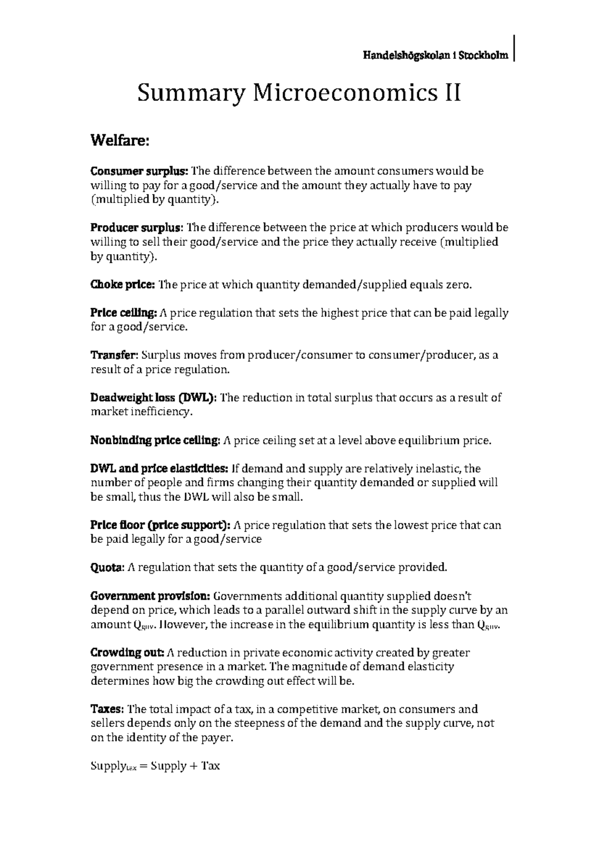 Summary B.Sc. Microeconomics - Summary Microeconomics II Welfare ...